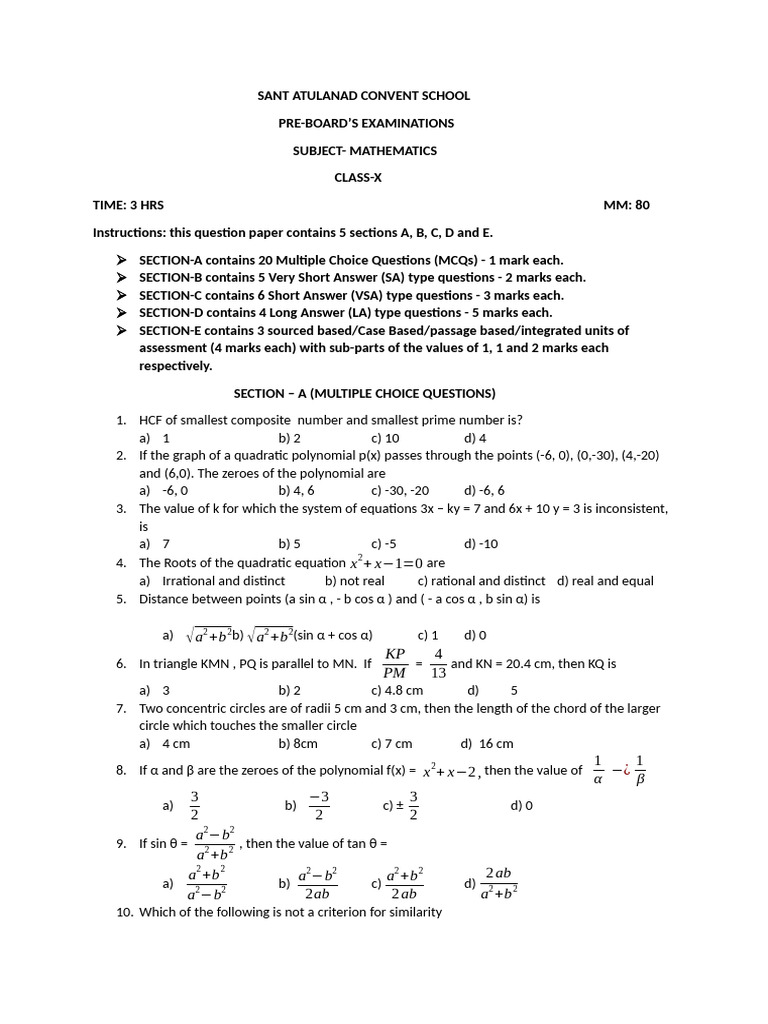 X_Pre-Board_1_Math | PDF | Zero Of A Function | Elementary Geometry