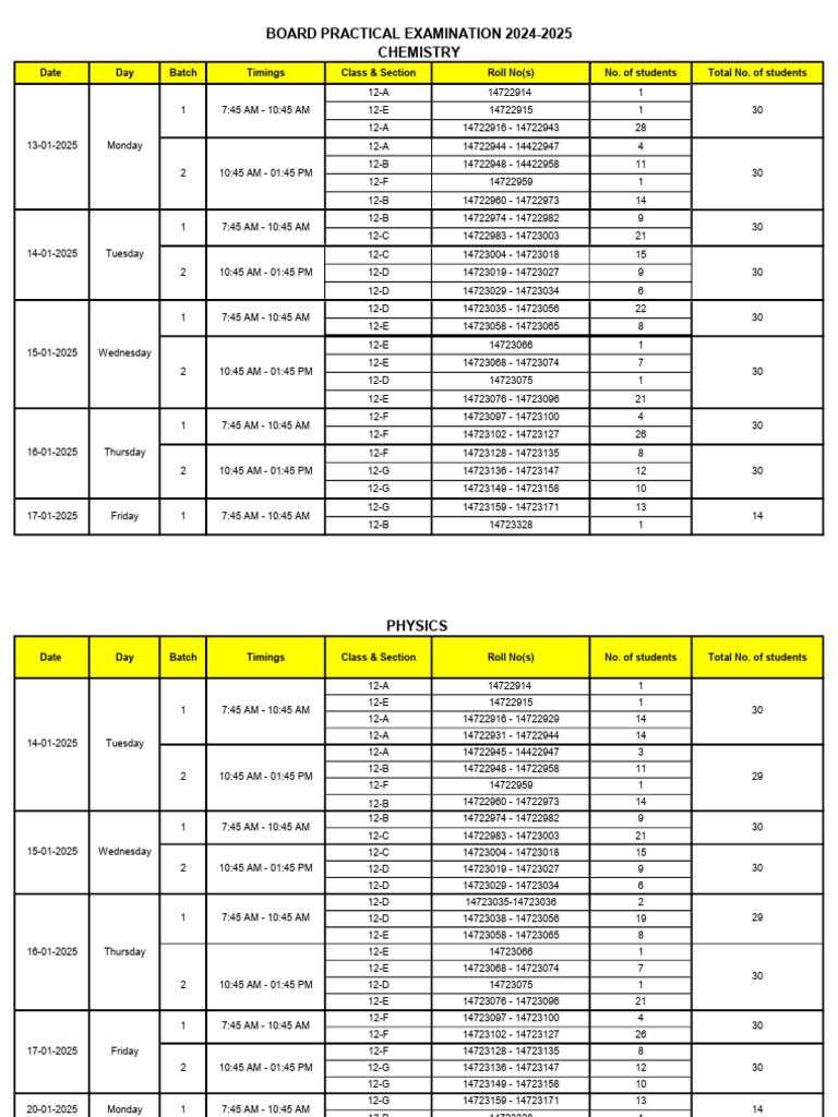 Class 12 Practical Exam Schedule 2025 | PDF