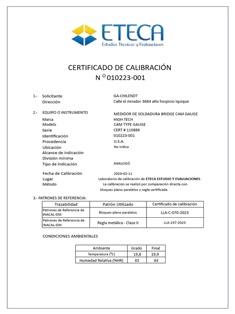 Certificado de Galgas | PDF | Calibración | Metrología