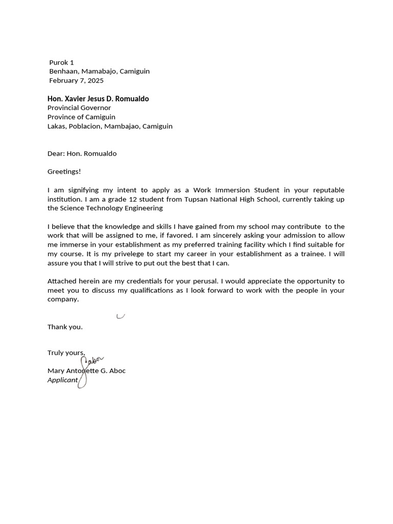 Work Immersion Application Letter | PDF