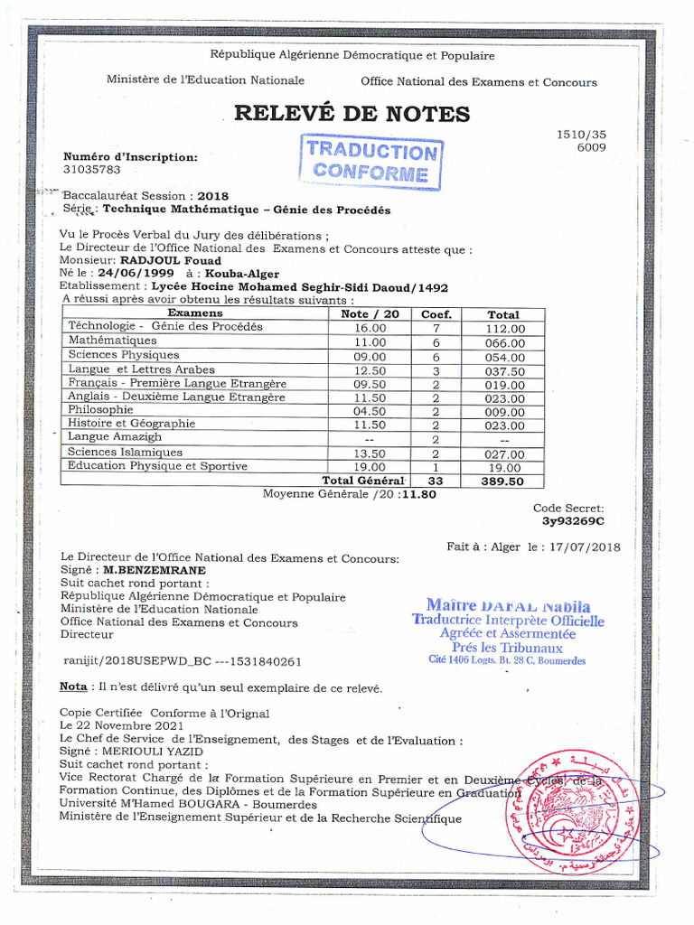 Relevé de Notes - BAC | PDF
