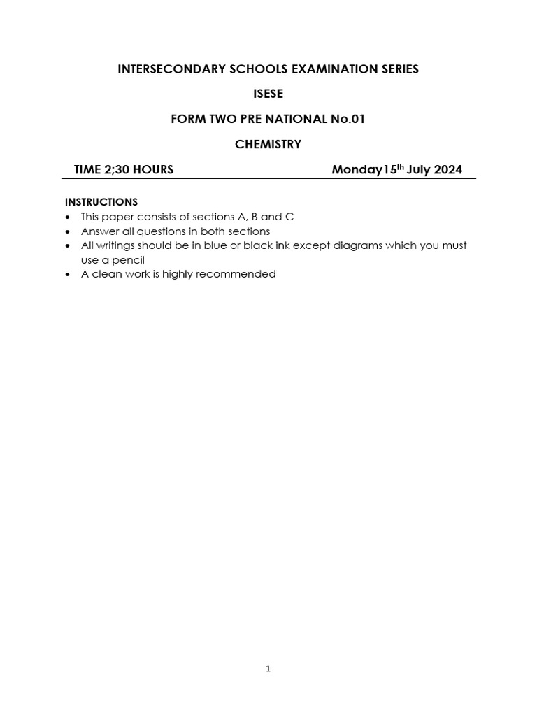 02.F2 Chem Isese Pre National 01 | PDF | Atoms | Proton