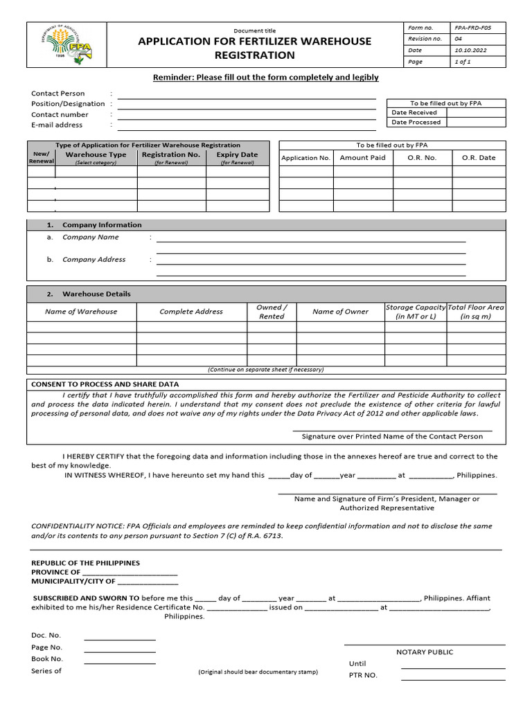 Fertilizer Warehouse Registration Form | PDF