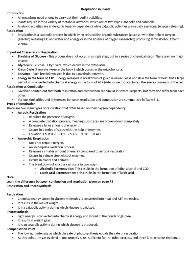 Chapter 6 Respiration in Plants | PDF | Cellular Respiration | Chemistry