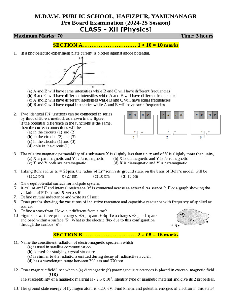 12 PHY MDVM - PRE BOARD - Copy | PDF | Photoelectric Effect | Magnetism