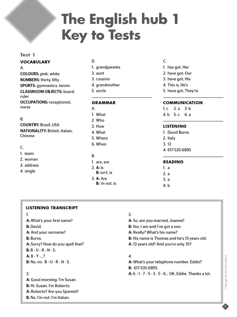 The - English - Hub - 1 - Key - To - Tests | PDF