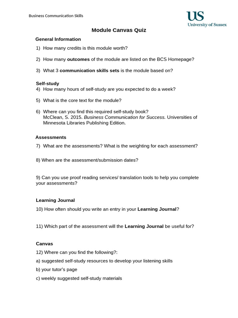 BCS Module Handbook & Canvas Quiz | PDF