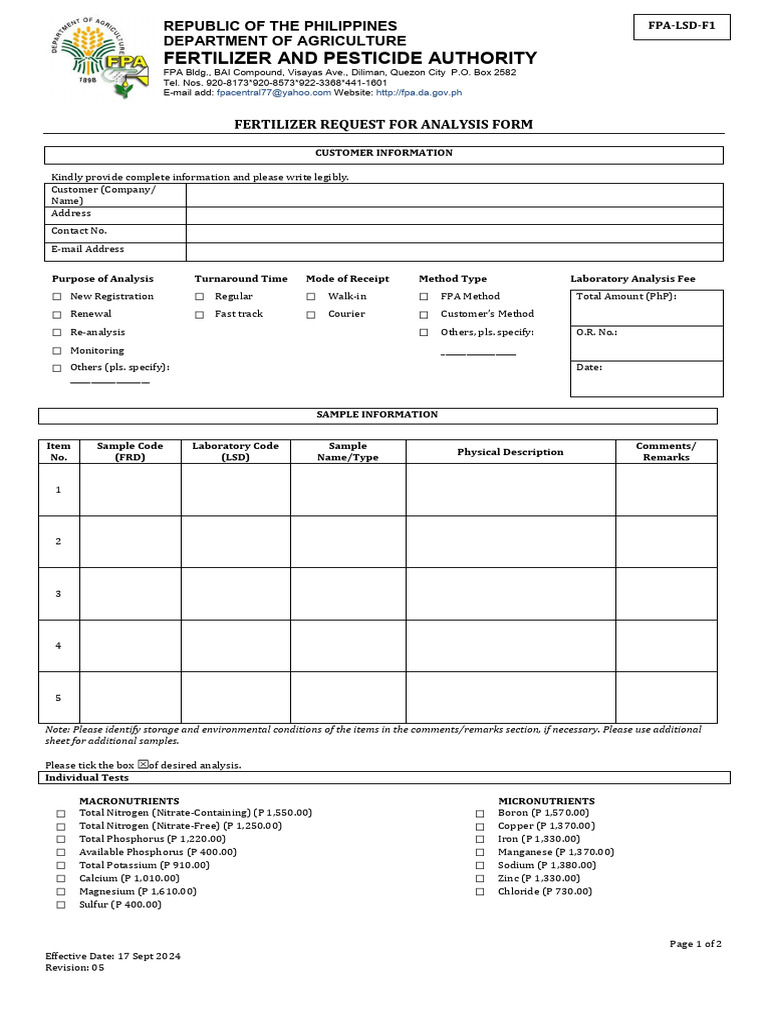 FPA LSD F01 Request For Analysis Fertilizer 09 Sept 2024 | PDF ...