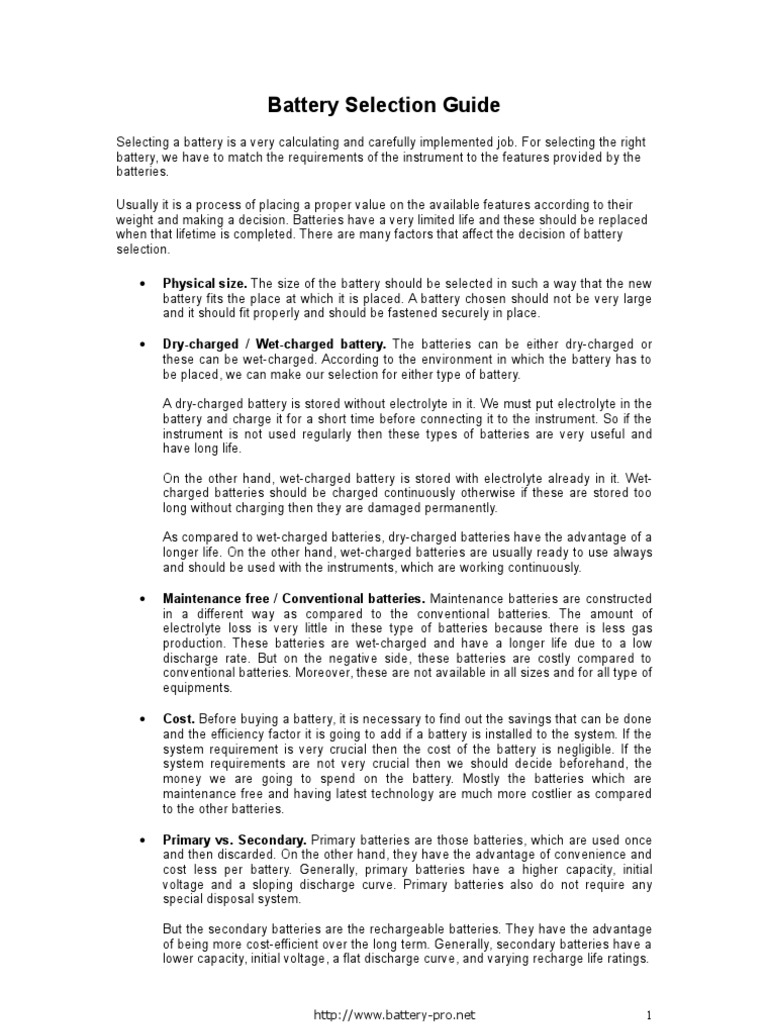 Battery Selection Guide | PDF | Battery (Electricity) | Rechargeable ...