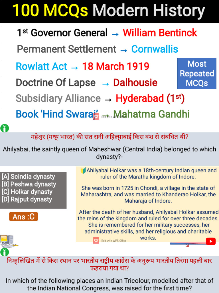 Top 100 MCQs Modern History (1) | PDF | Ramakrishna | British Raj