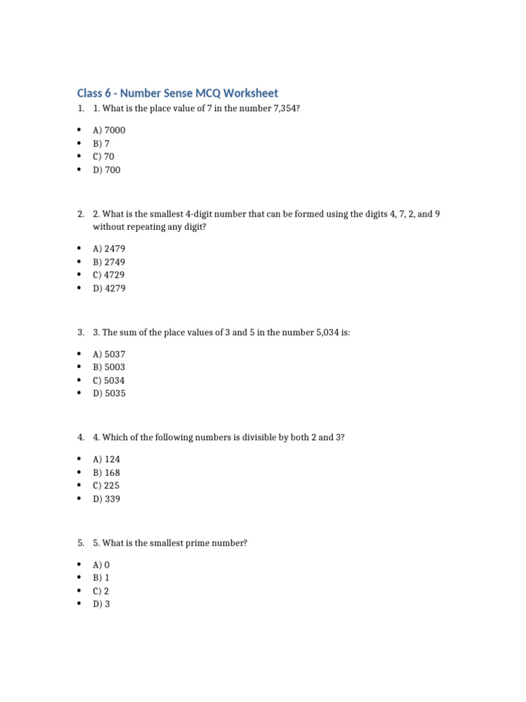 Number Sense Class 6 MCQ Worksheet | PDF