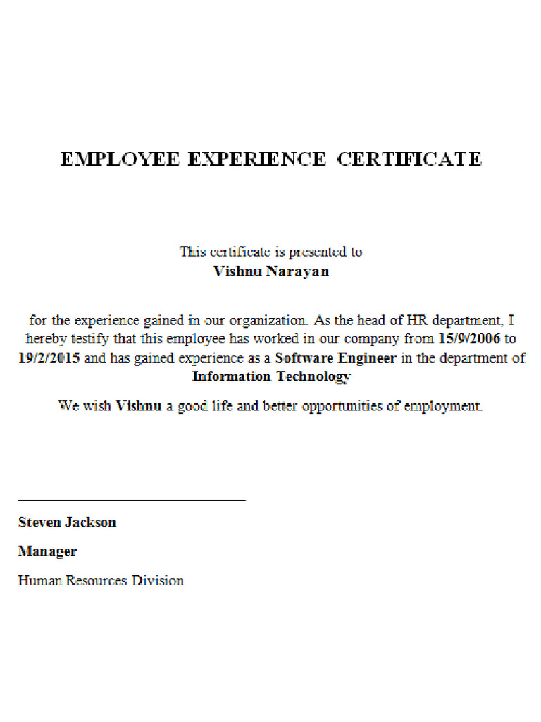 Experience Certificate Sample 2 | PDF