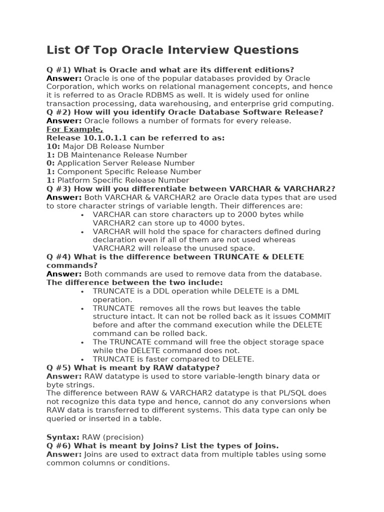 List of Top Oracle Interview Questions | PDF | Pl/Sql | Table (Database)