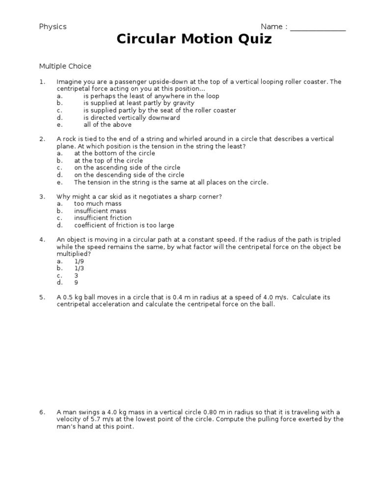 Circular Motion Quiz 2 | PDF