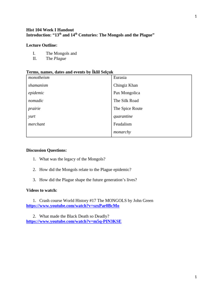 Hist 104 Week 1 Introduction LMS Handout | PDF