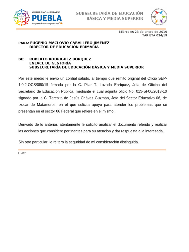 Tarjeta 034 - Eugenio M Caballero Jimenez - Solic de Intervencion en Sector 06 Federal | PDF