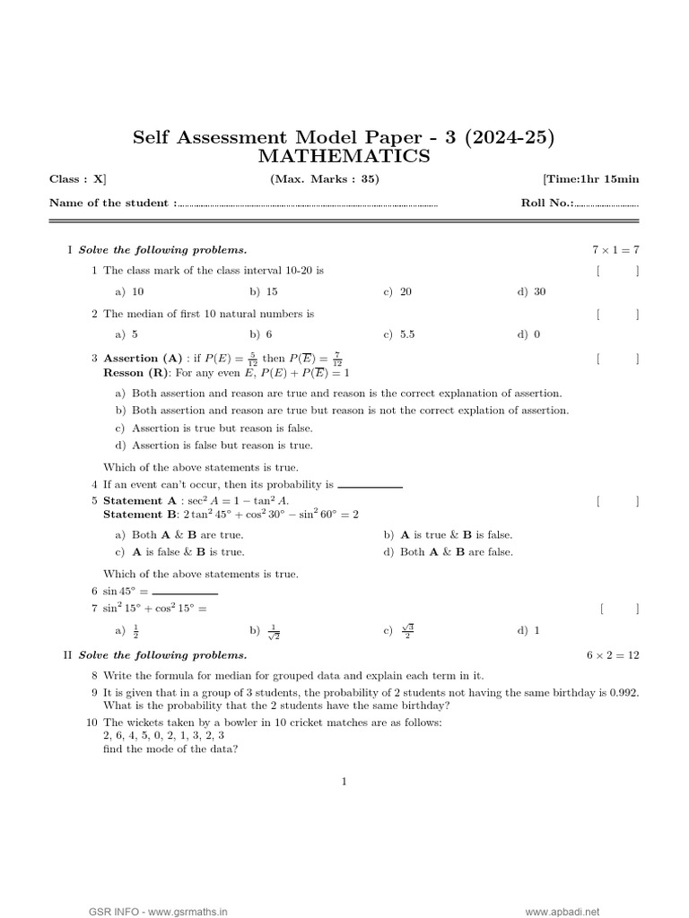 10th Maths FA 3 Model Paper | PDF | Reason | Mathematics