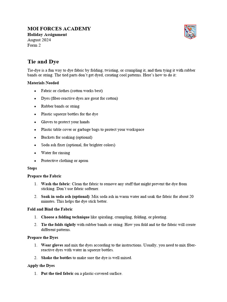 ART AND DESIGN Form 2 Holiday Asignment 0824 | PDF | Clothing | Textiles