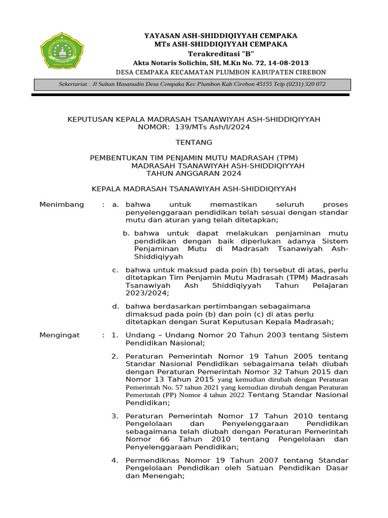 SK Tim Penjamin Mutu Madrasah (TPM) 2024 | PDF