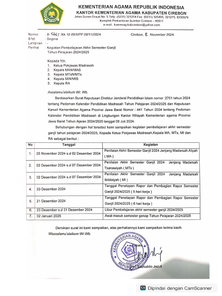 Surat Edaran Kegiatan Akhir Pembelajaran Madrasah Semeter Ganjil 2024 | PDF