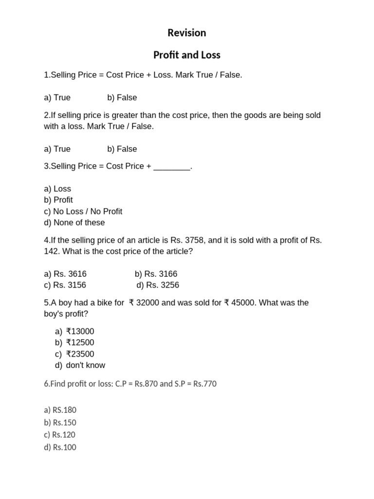 Grade 5 Profit and Loss Worksheet | PDF