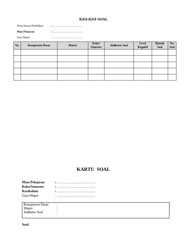 Format Kisi-Kisi Dan Kartu Soal | PDF
