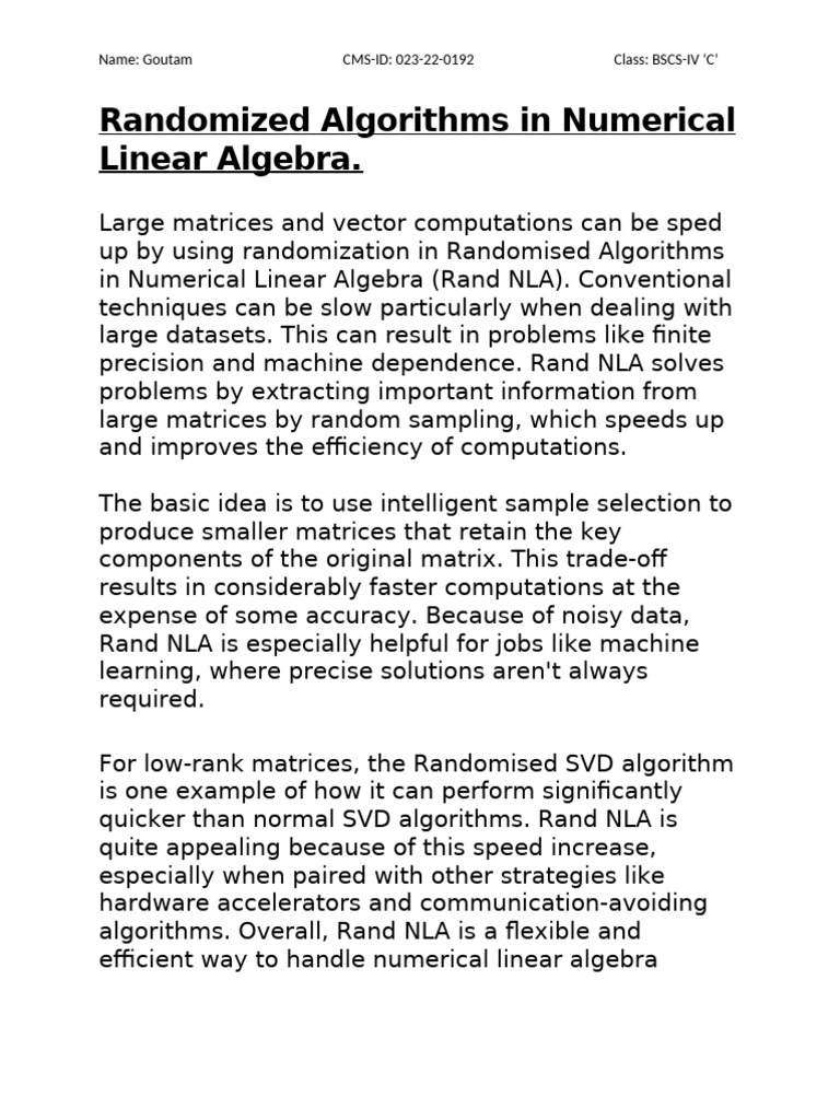 Randomized Algorithms in Numerical Linear Algebra by | PDF