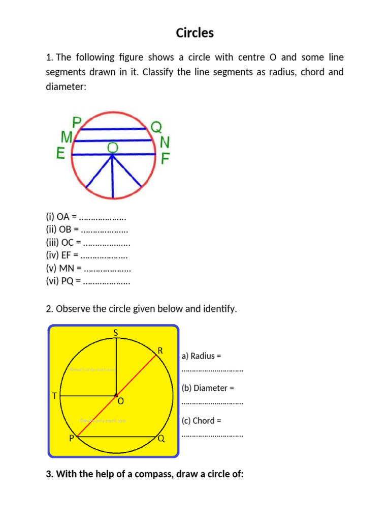 Circles Revision Worksheet | PDF