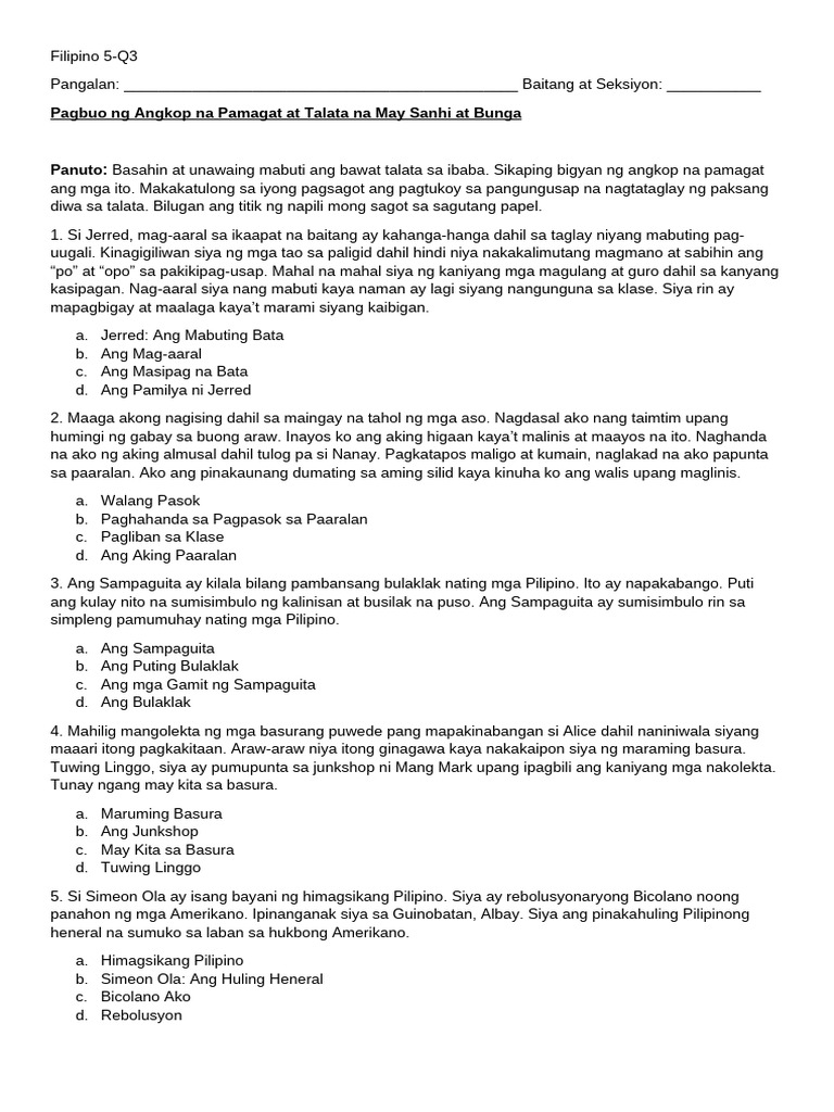 Filipino 5 Activity | PDF