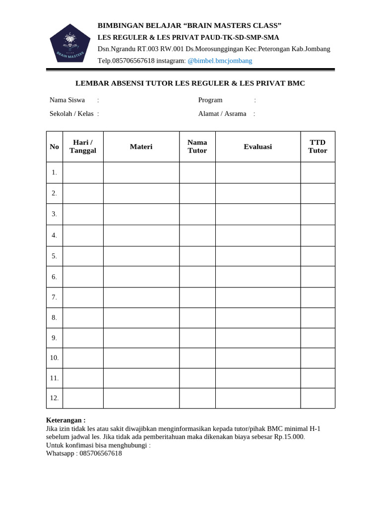 Lembar Absensi Tutor | PDF