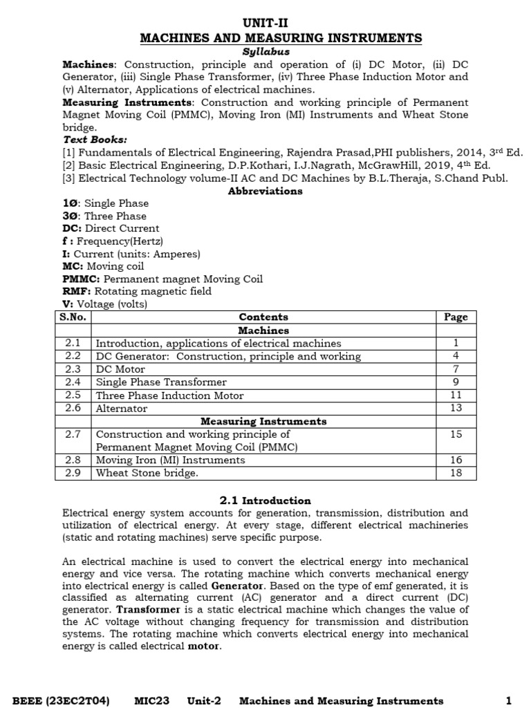 BEEE-Unit-2 Machines and Measuring Instruments | PDF | Electric Motor | Electromagnetic Induction