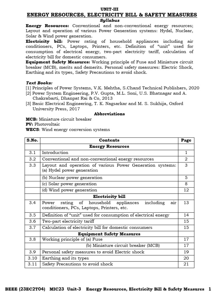 BEEE-Unit-3 Energy Resources, Electricity Bill & Safety Measures | PDF | Nuclear Power ...