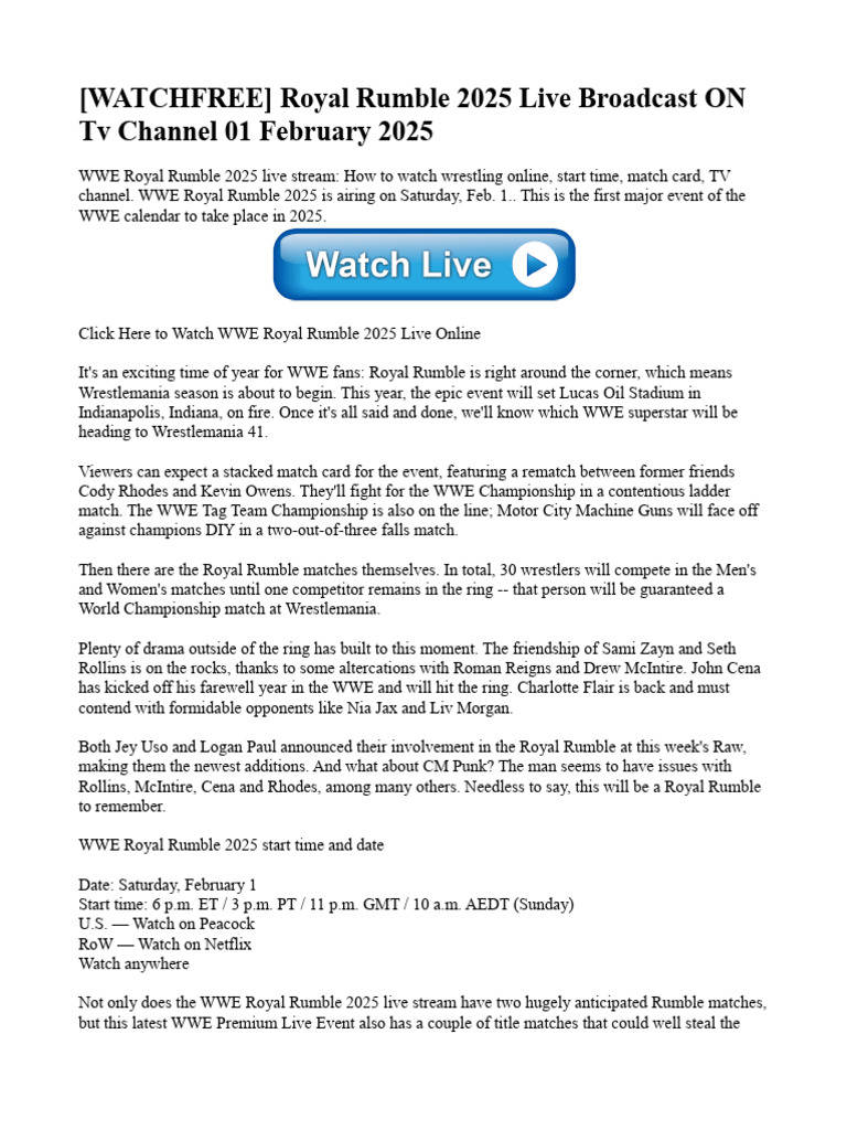 WWE Royal Rumble 2025 Start Time & Date | PDF | Professional Wrestling ...
