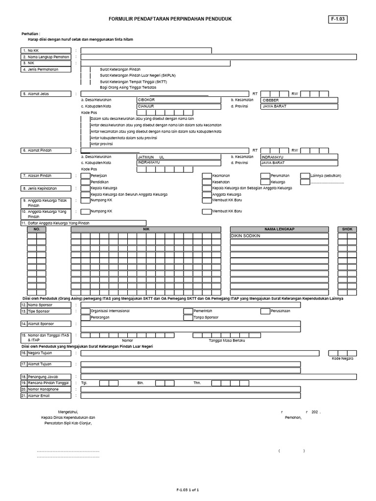 F1 03 Pendaftaran Perpindahan Penduduk | PDF