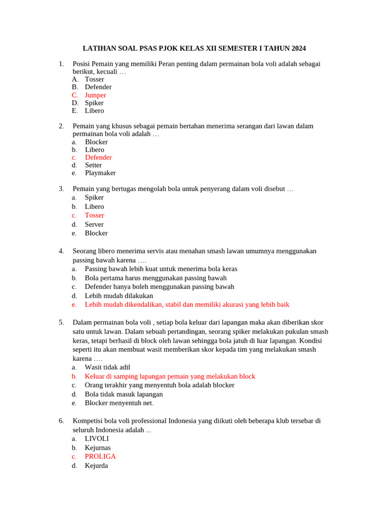 LATIHAN SOAL PSAS PJOK KELAS XII SEMESTER I TAHUN 2024 | PDF