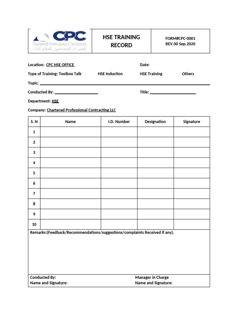 HSE TRAINING RECORD | PDF