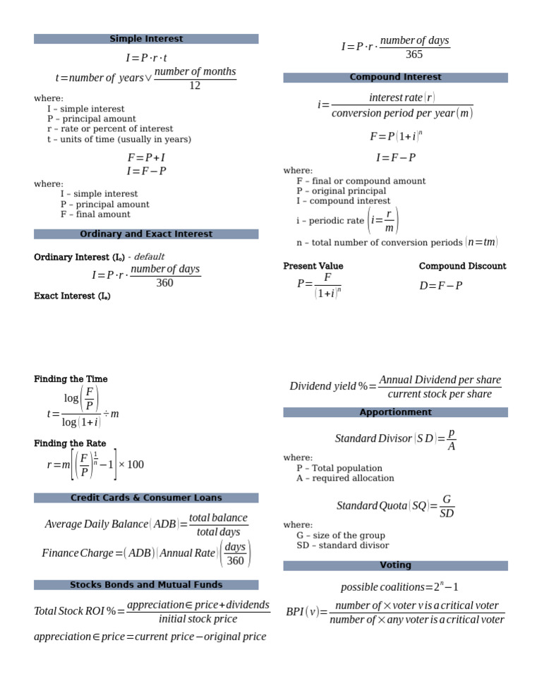 MMW Formulas | PDF | Interest | Present Value