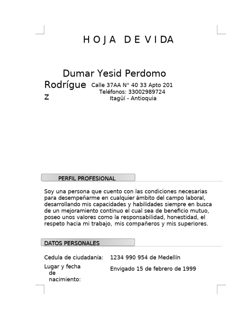 Hoja de Vida de Dumar Perdomo | PDF