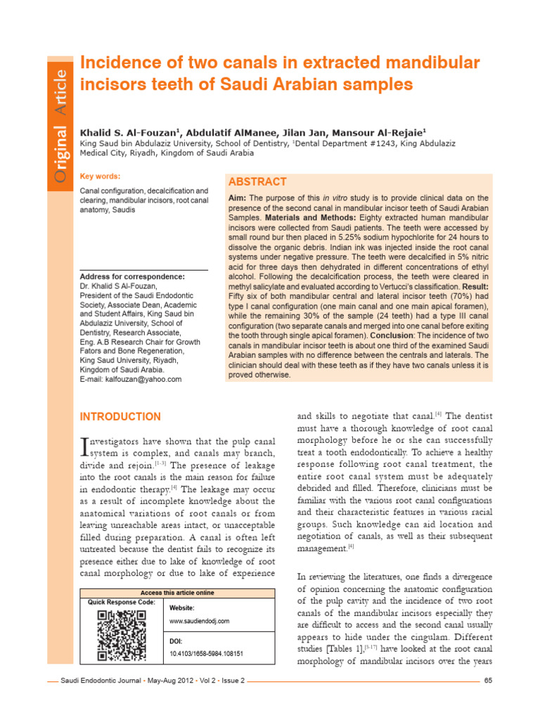 Incidence of Two Canals in Mandibular Incisors | PDF | Dental Anatomy ...
