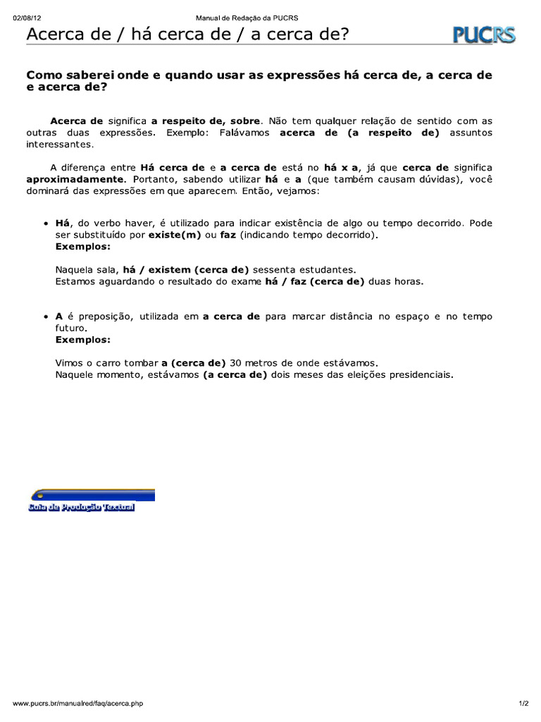Acerca de, há cerca de, a cerca de | PDF