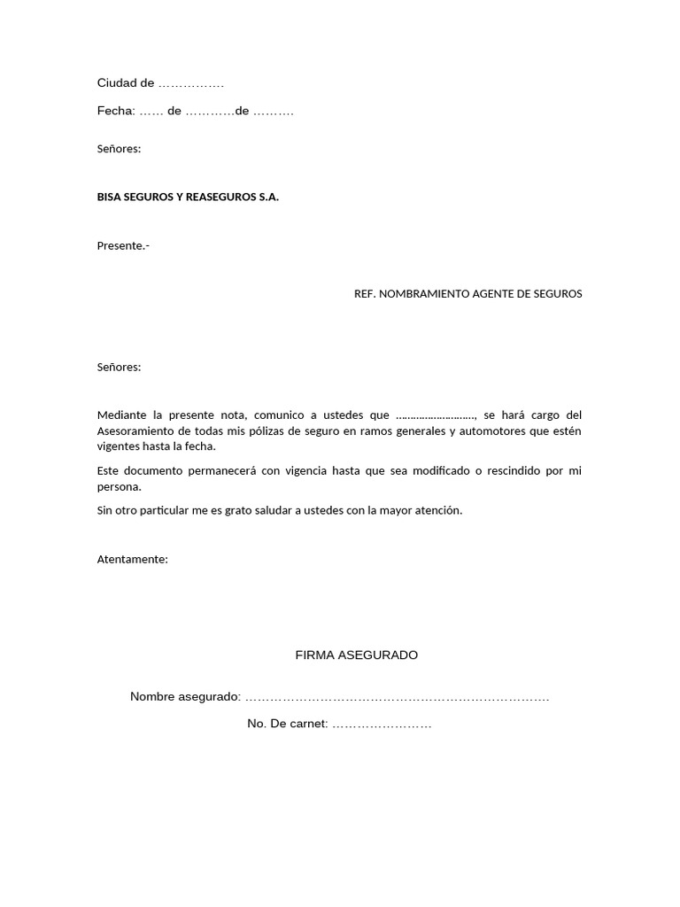 Carta Nombramiento Agente de Seguros | PDF