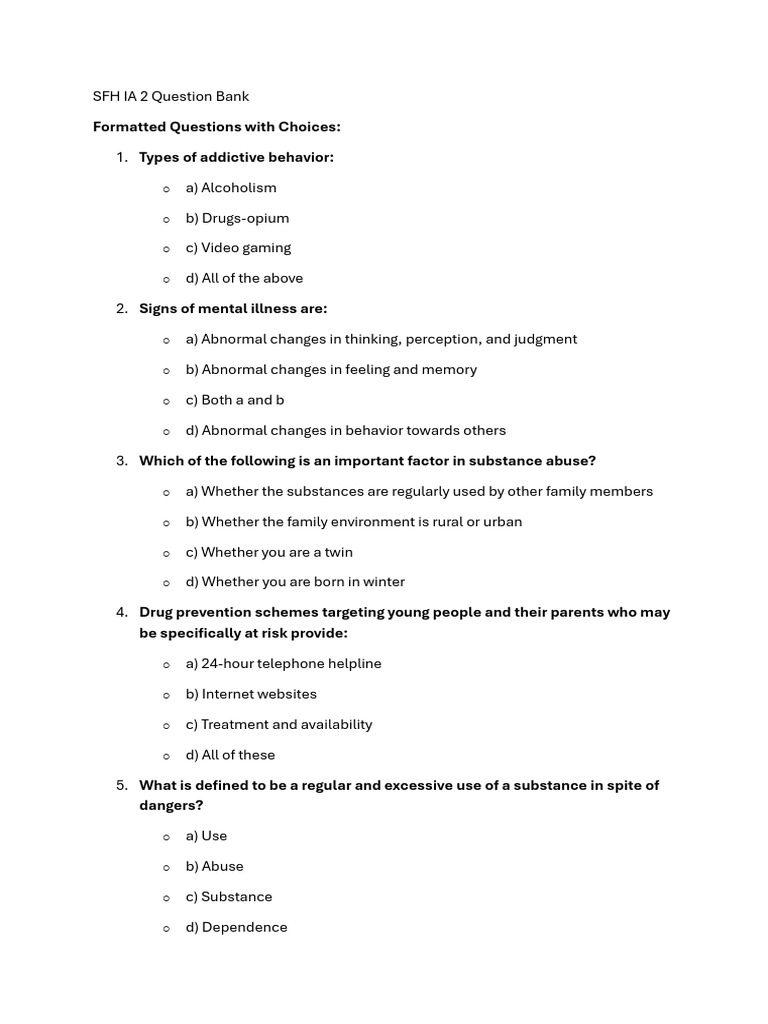 Addictive Behavior and Health Quiz | PDF | Substance Abuse | Mental ...