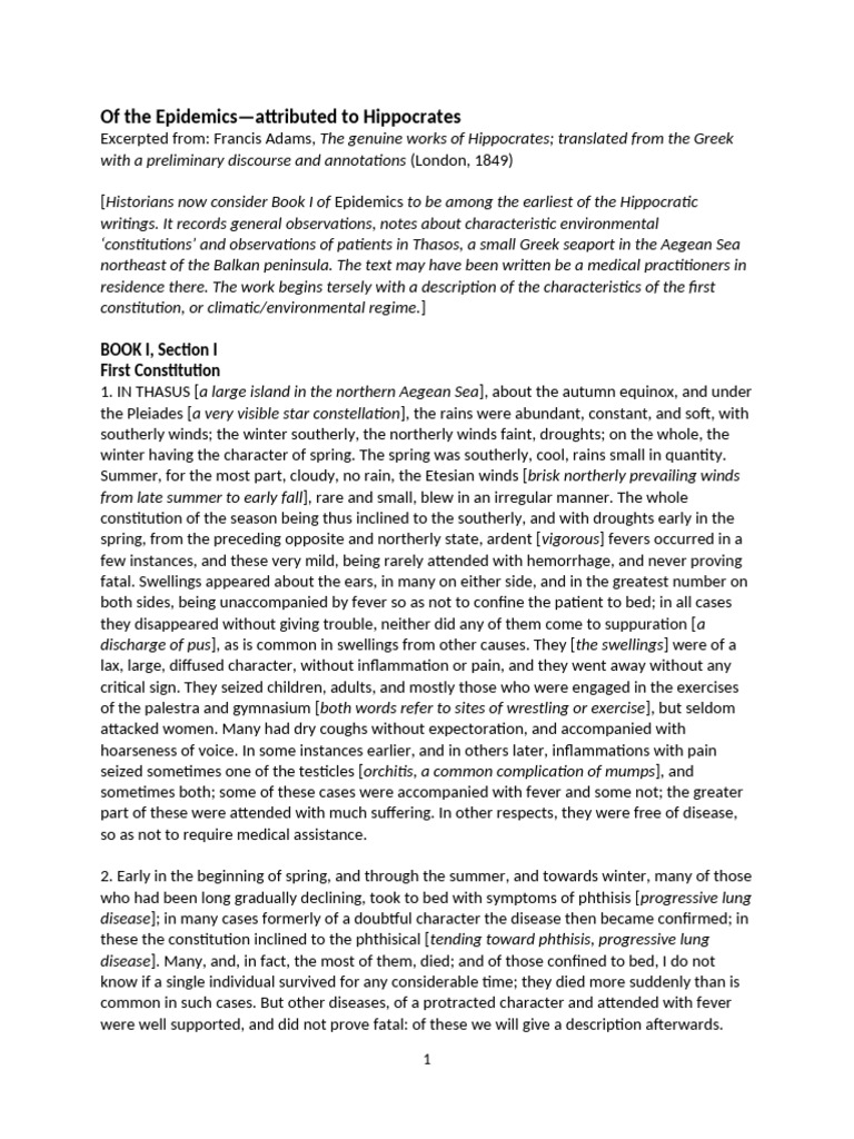 Hippocrates' Epidemics: Thasos Observations | PDF | Diseases And Disorders