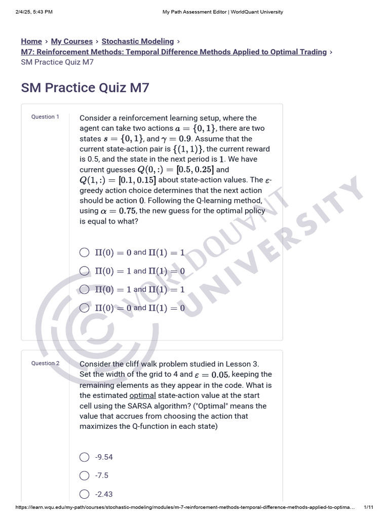 M6 Practice Quiz My Path Assessment Editor - WorldQuant University | PDF | Applied Mathematics ...
