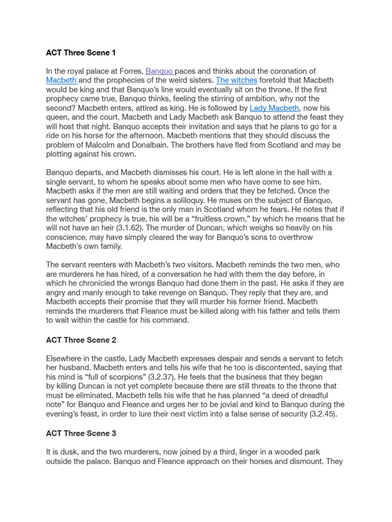 Macbeth Sparknotes Summary ACT 3 | PDF | Macbeth | Shakespearean Tragedies