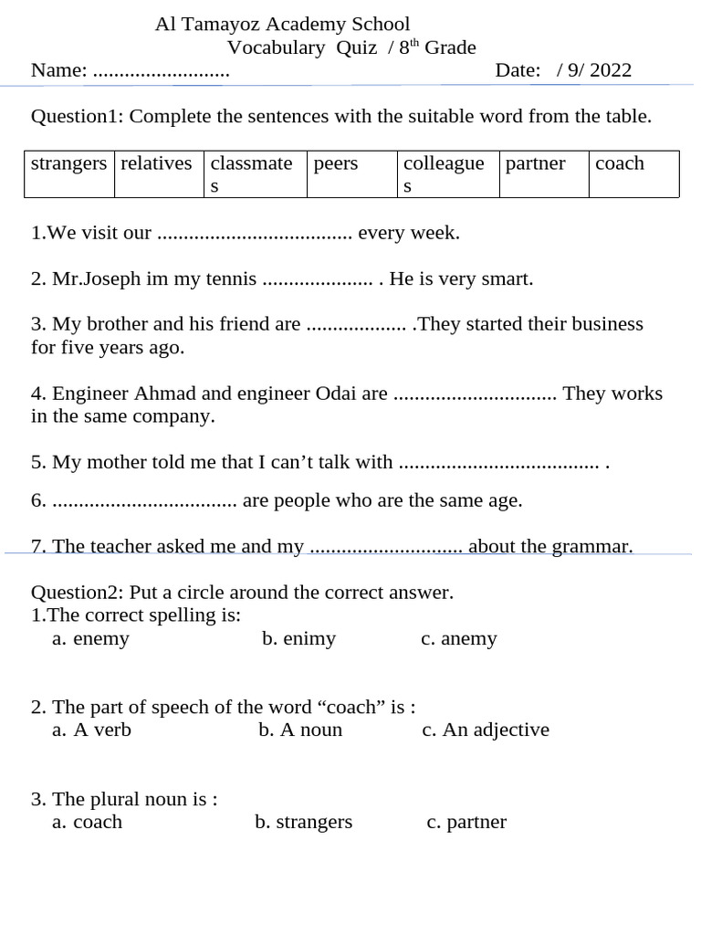 8th Grade Vocabulary Quiz Template | PDF