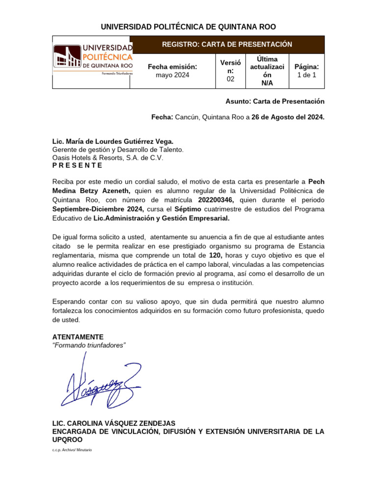 Carta de Presentacion Pech Medina Betzy | PDF