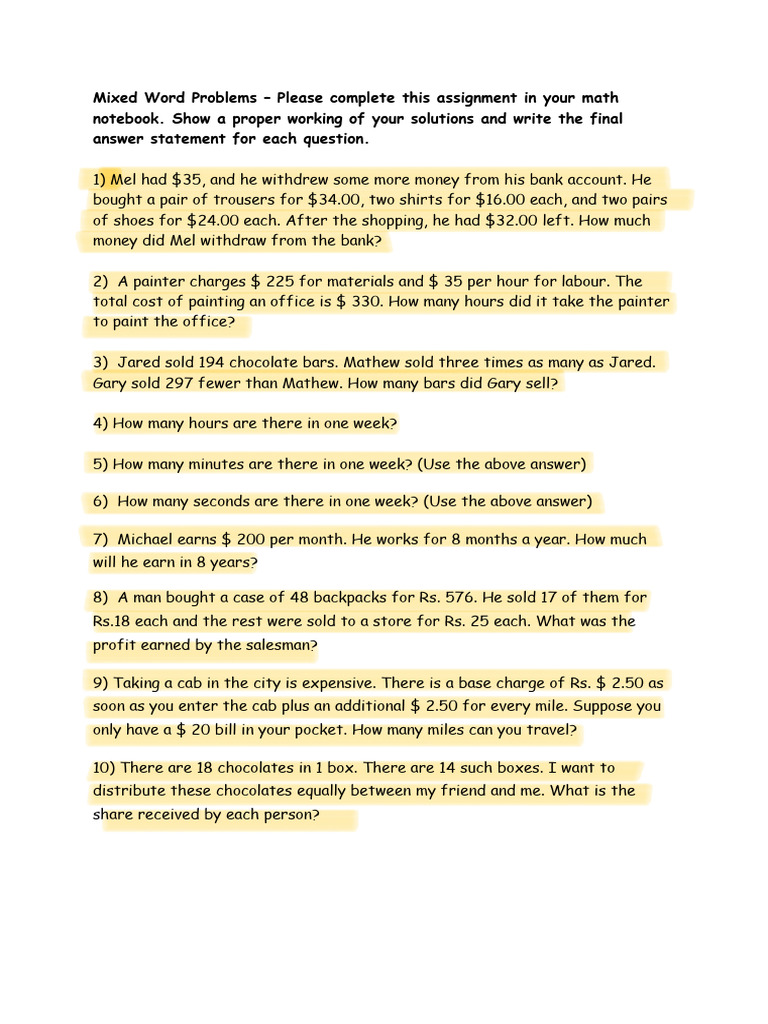 Mixed Math Word Problems Worksheet | PDF