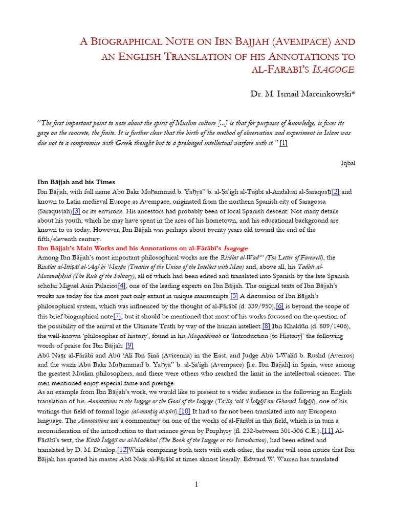 A Biographical Note on Ibn Bajjah (Avempace) and an English Translation ...