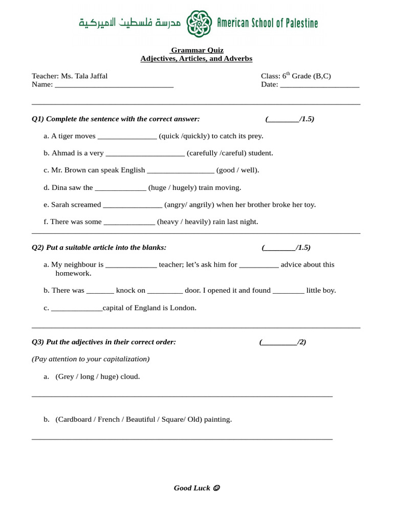 6th Grammar Quiz Adjectives, Articles, and Adverbs | PDF